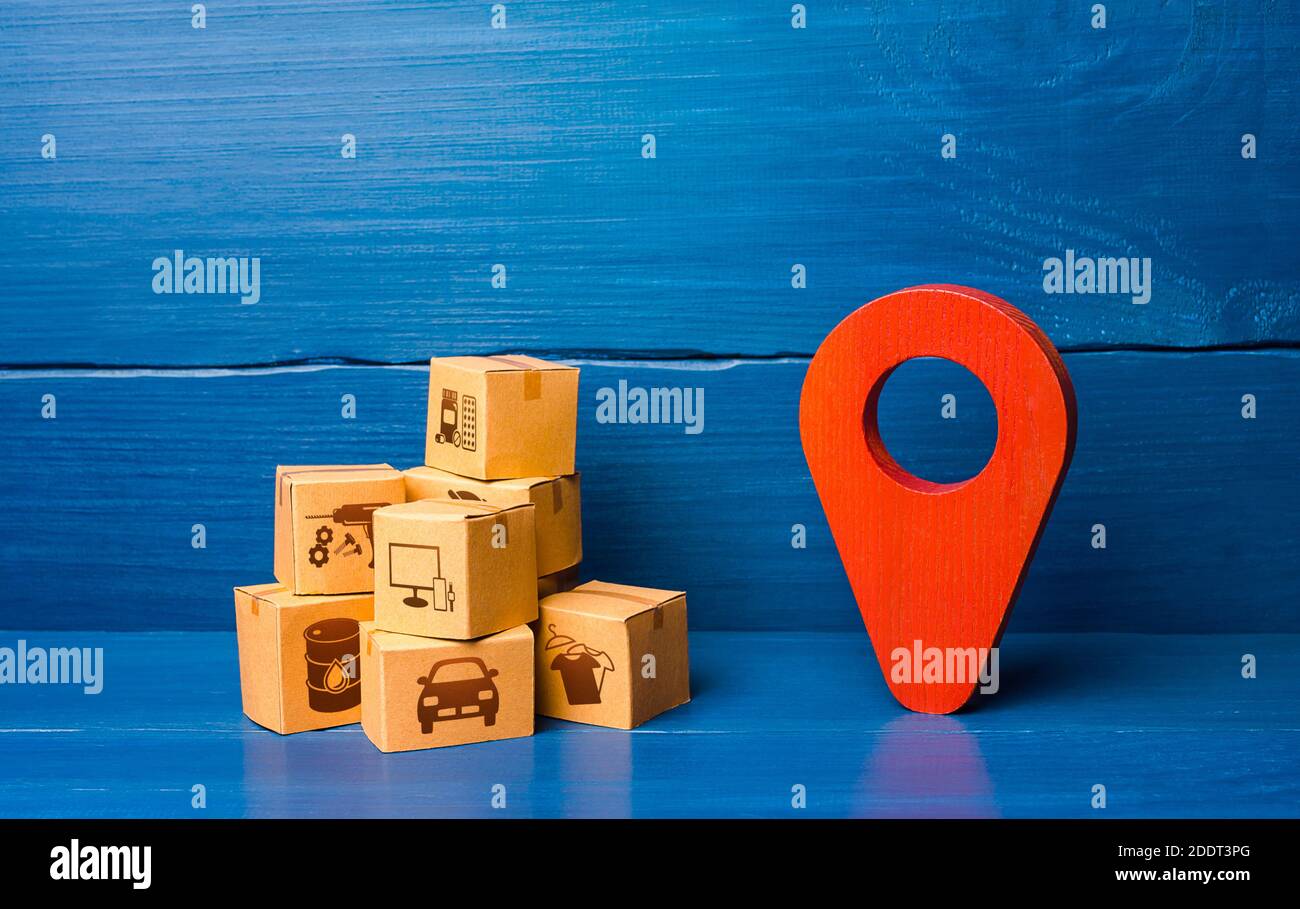 Red location pointer symbol and cardboard boxes. Transport logistics ...