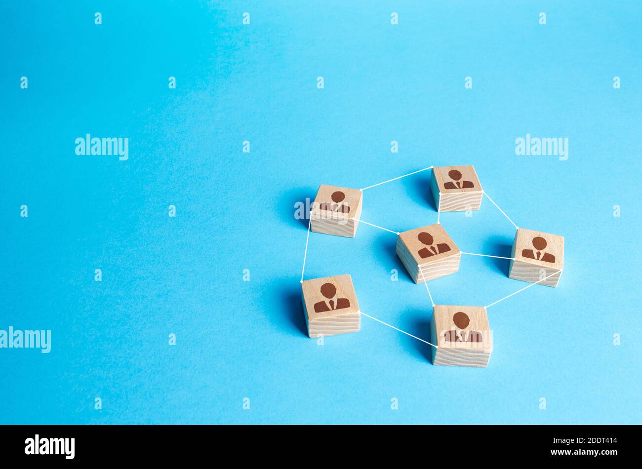Figures blocks of people connected by lines on a blue background ...