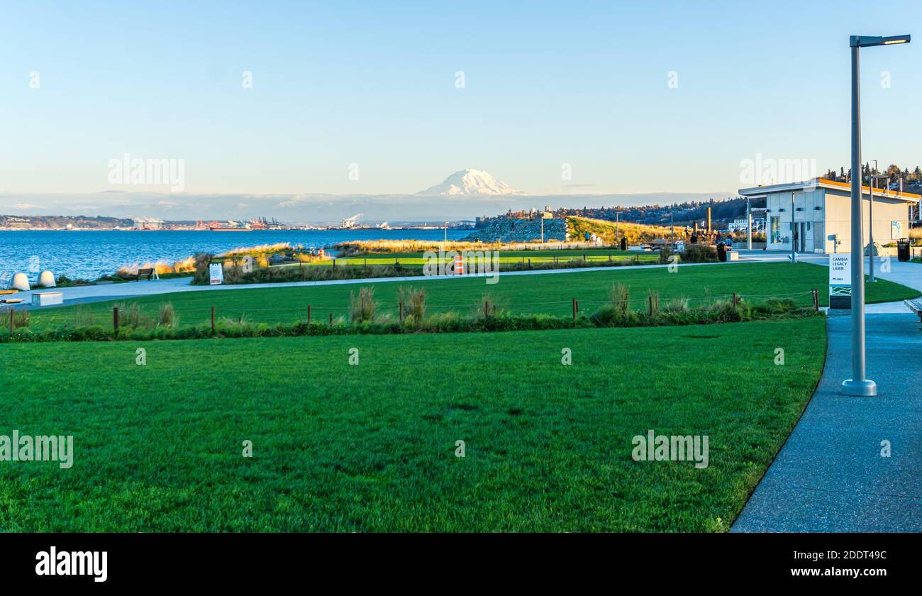 A view of a walkway at Dune Peninsula Park in Ruston, Washington Stock ...
