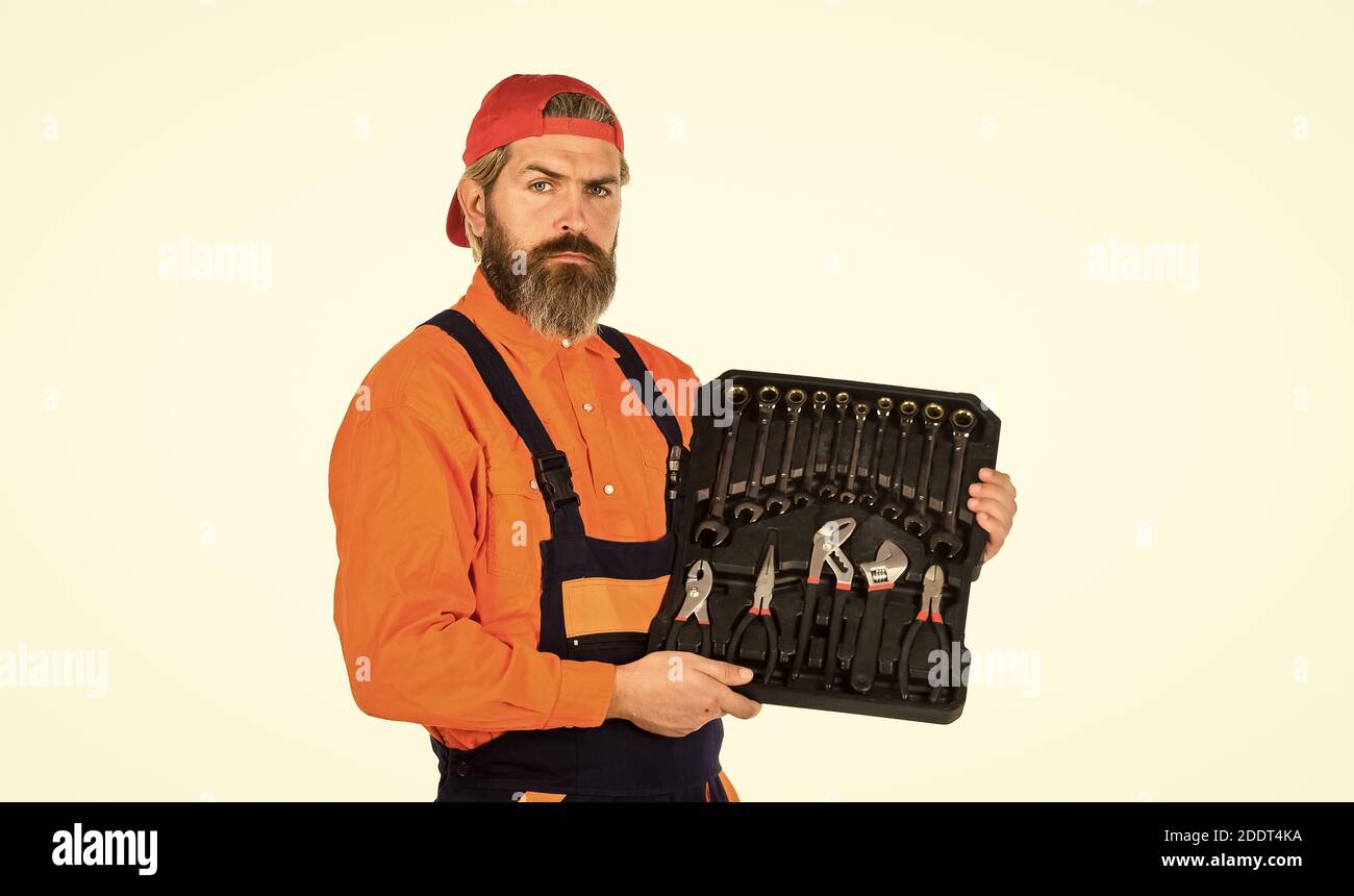 Mechanic Tool Box. Man in uniform carries toolbox white background ...