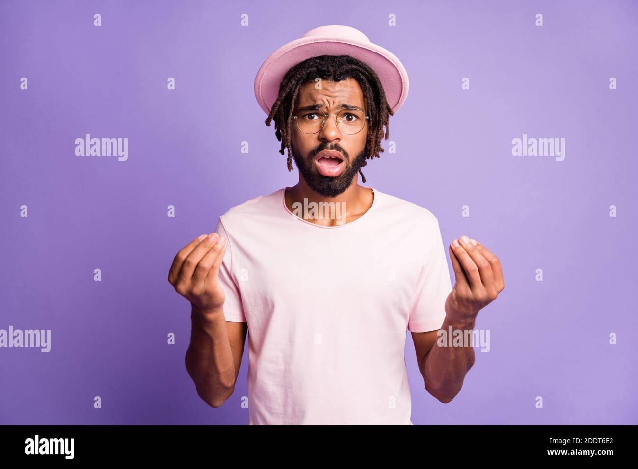 Photo portrait of confused guy showing two italian hand signs isolated ...
