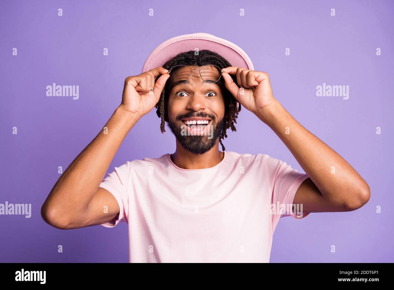 Photo portrait of man taking off lifting glasses from eyes with hands ...
