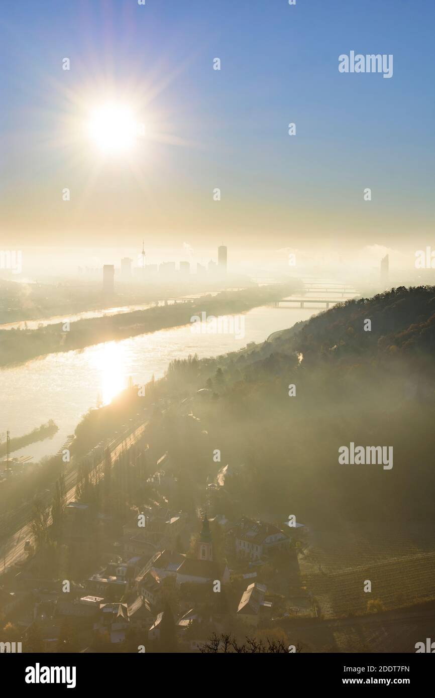 Wien, Vienna: village and church Kahlenbergerdorf, view to Vienna city ...