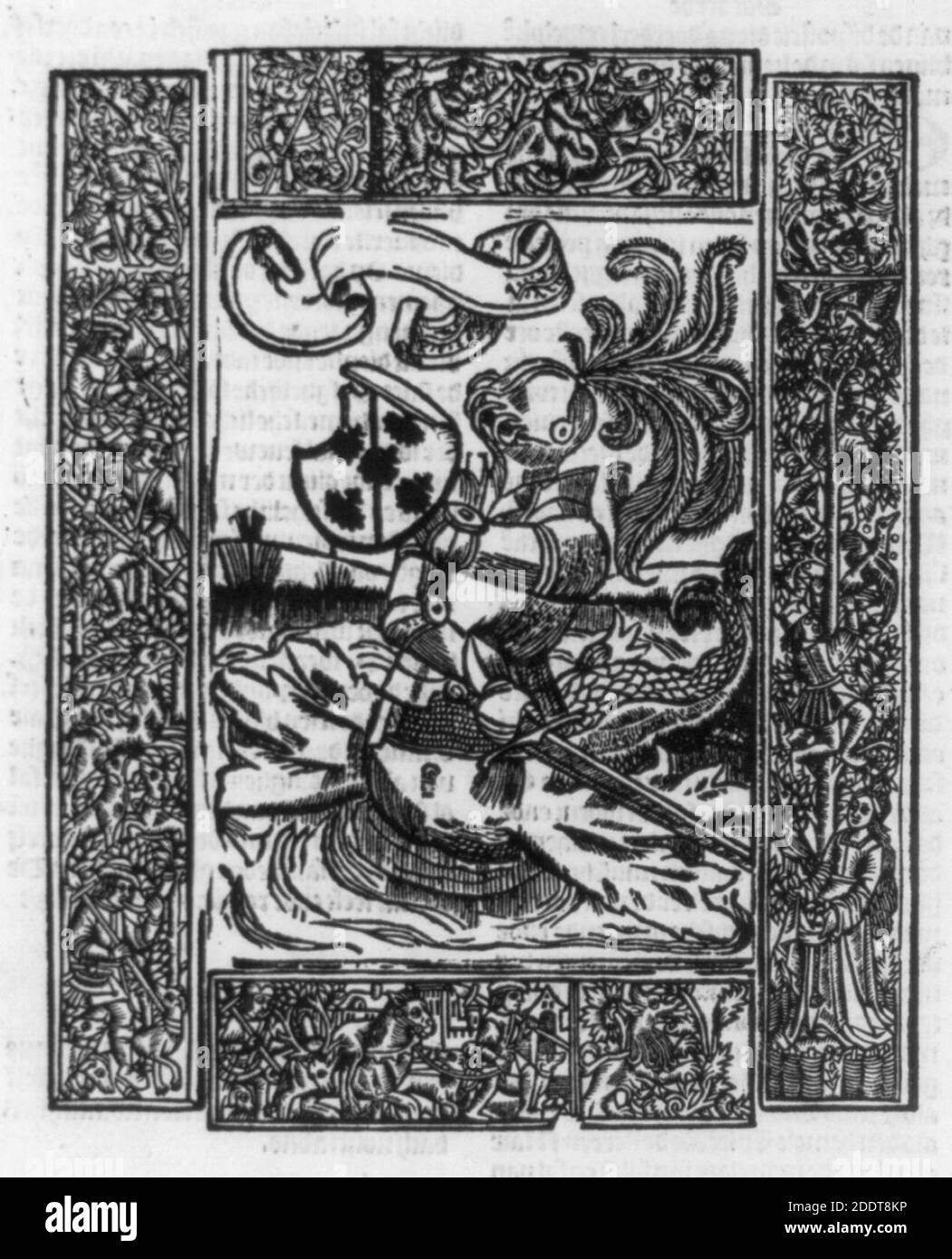 Knight in armor, with lower body of fish; bordered with hunting scenes ...