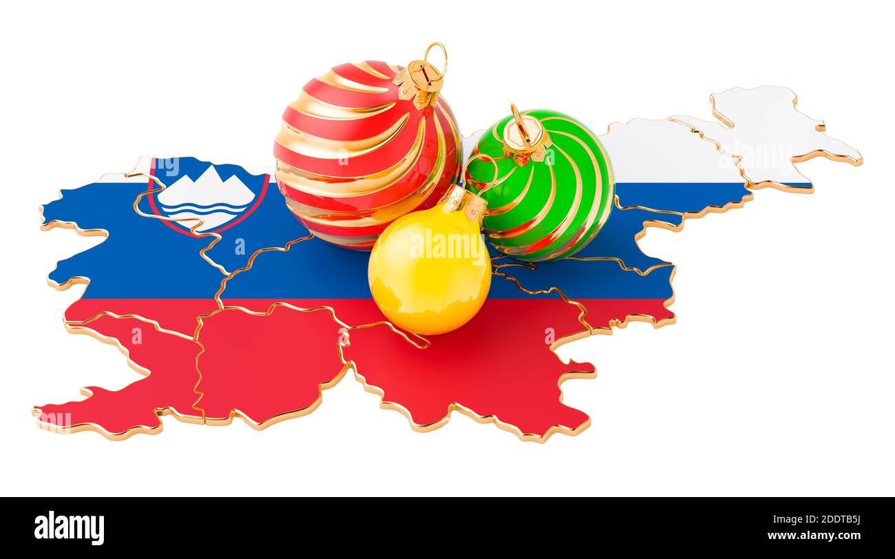 Slovenian map with colored Christmas balls. New Year and Christmas ...