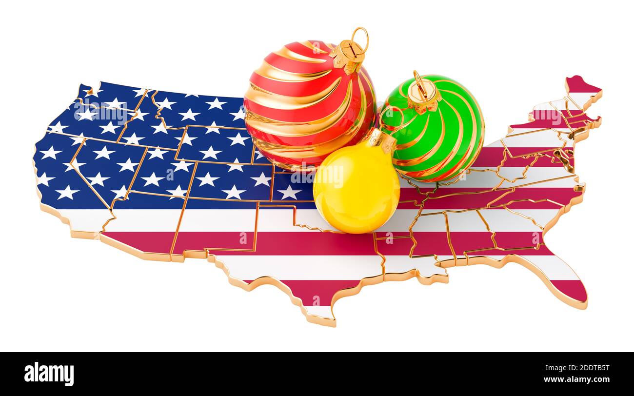 The United States map with colored Christmas balls. New Year and ...
