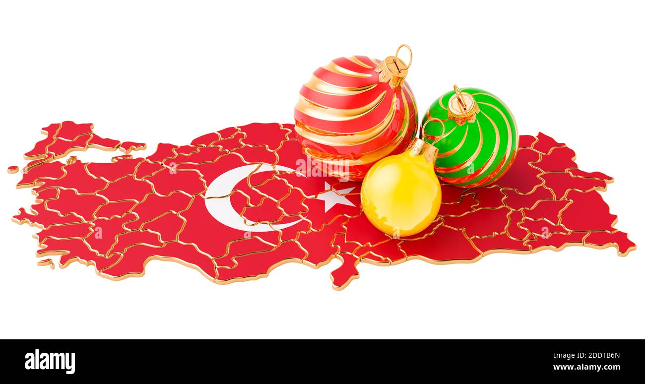 Turkish map with colored Christmas balls. New Year and Christmas ...