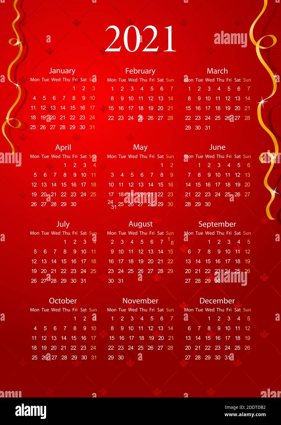 European red calendar 2021, starting from Mondays Stock Photo - Alamy