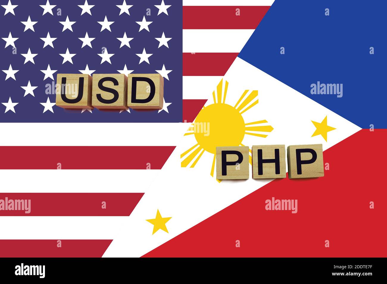 American and Philippine currencies codes on national flags background ...
