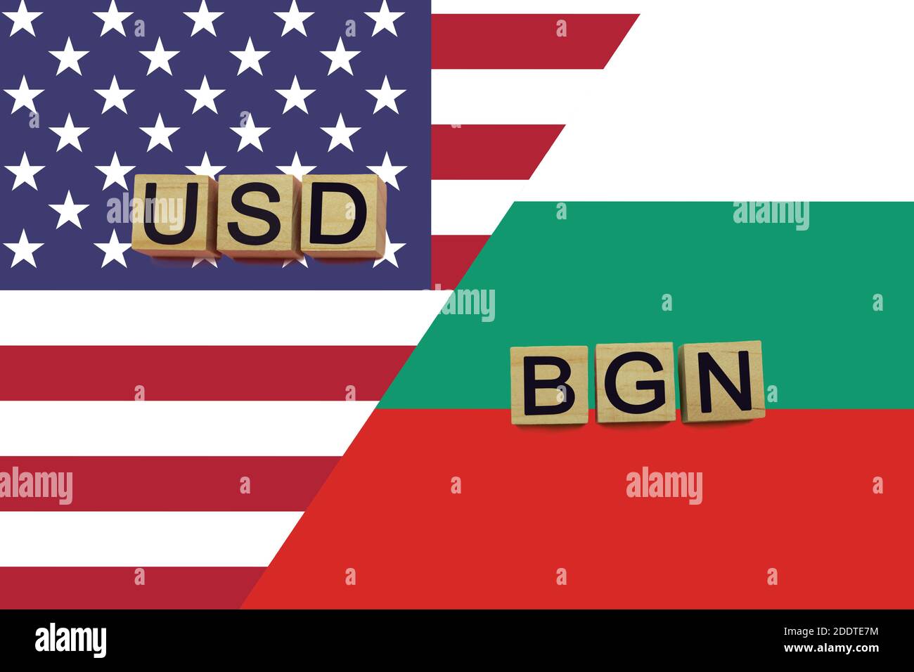 American and Bulgarian currencies codes on national flags background ...