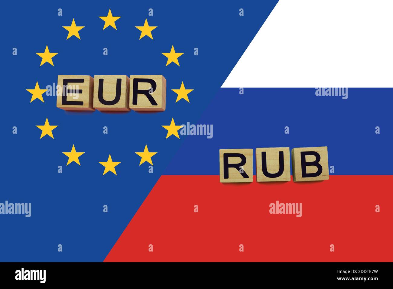 European and russian currencies codes on national flags background. EUR ...