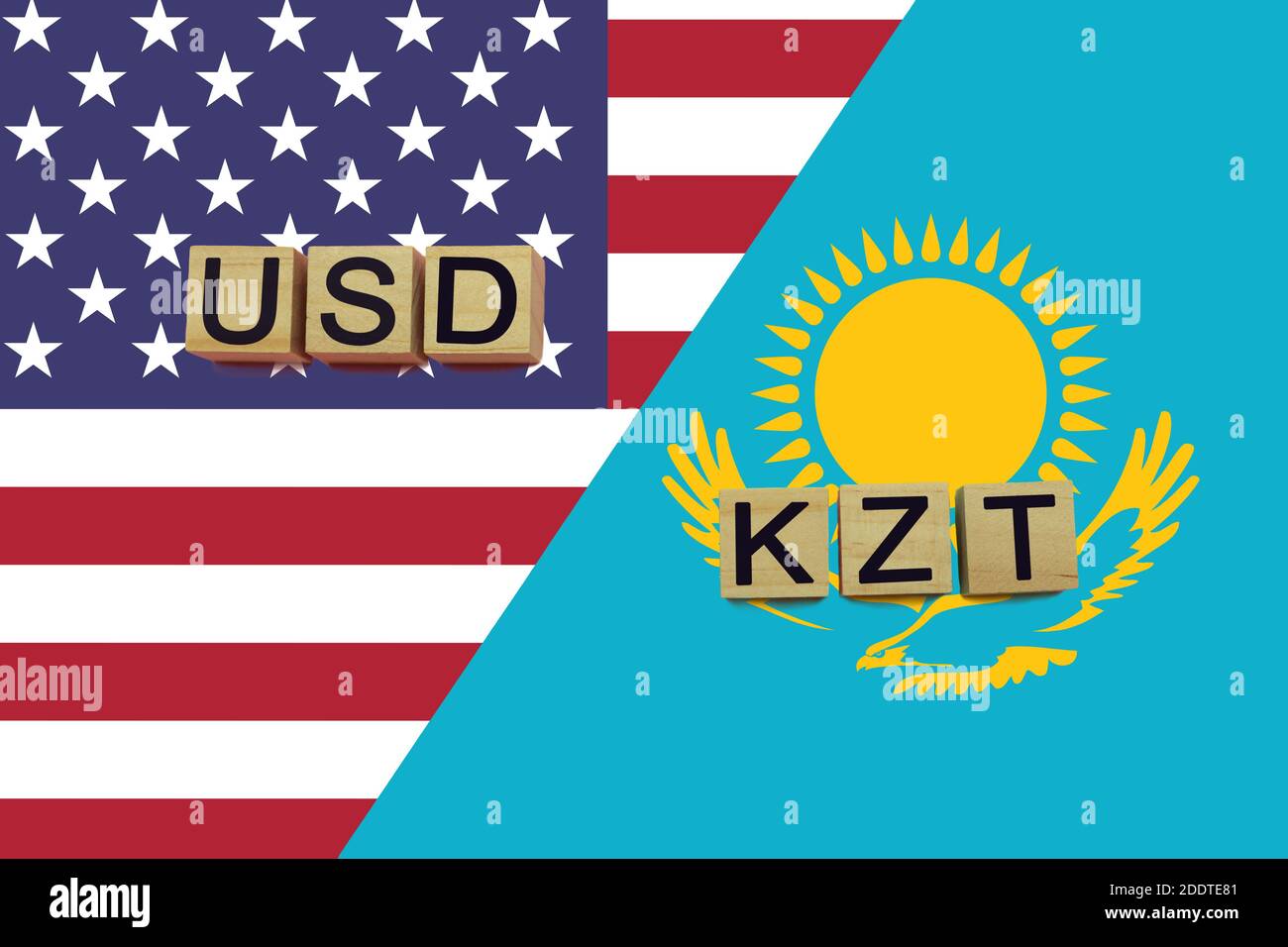 American and Kazakh currencies codes on national flags background. USD ...