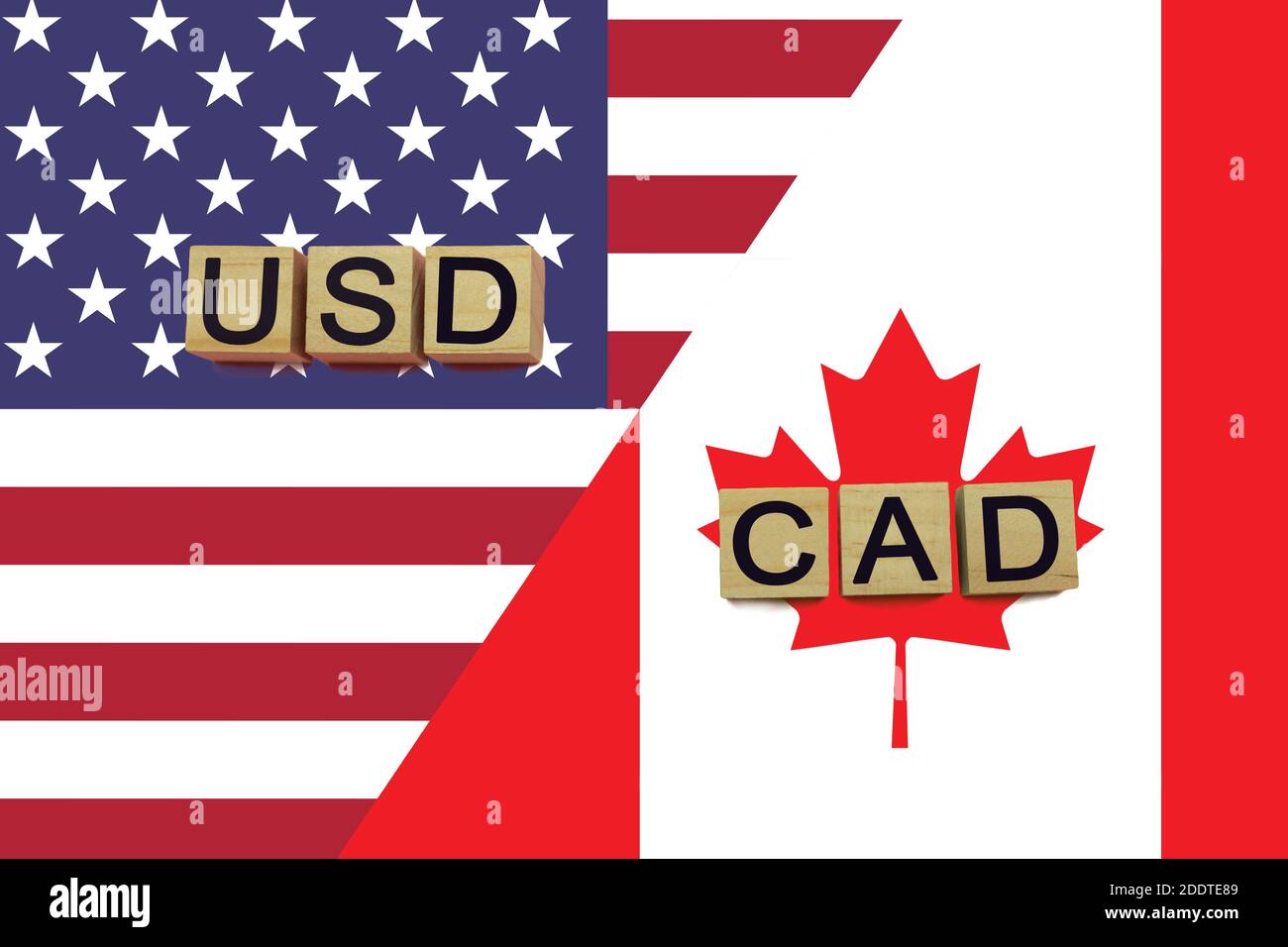 American and canadian currencies codes on national flags background ...