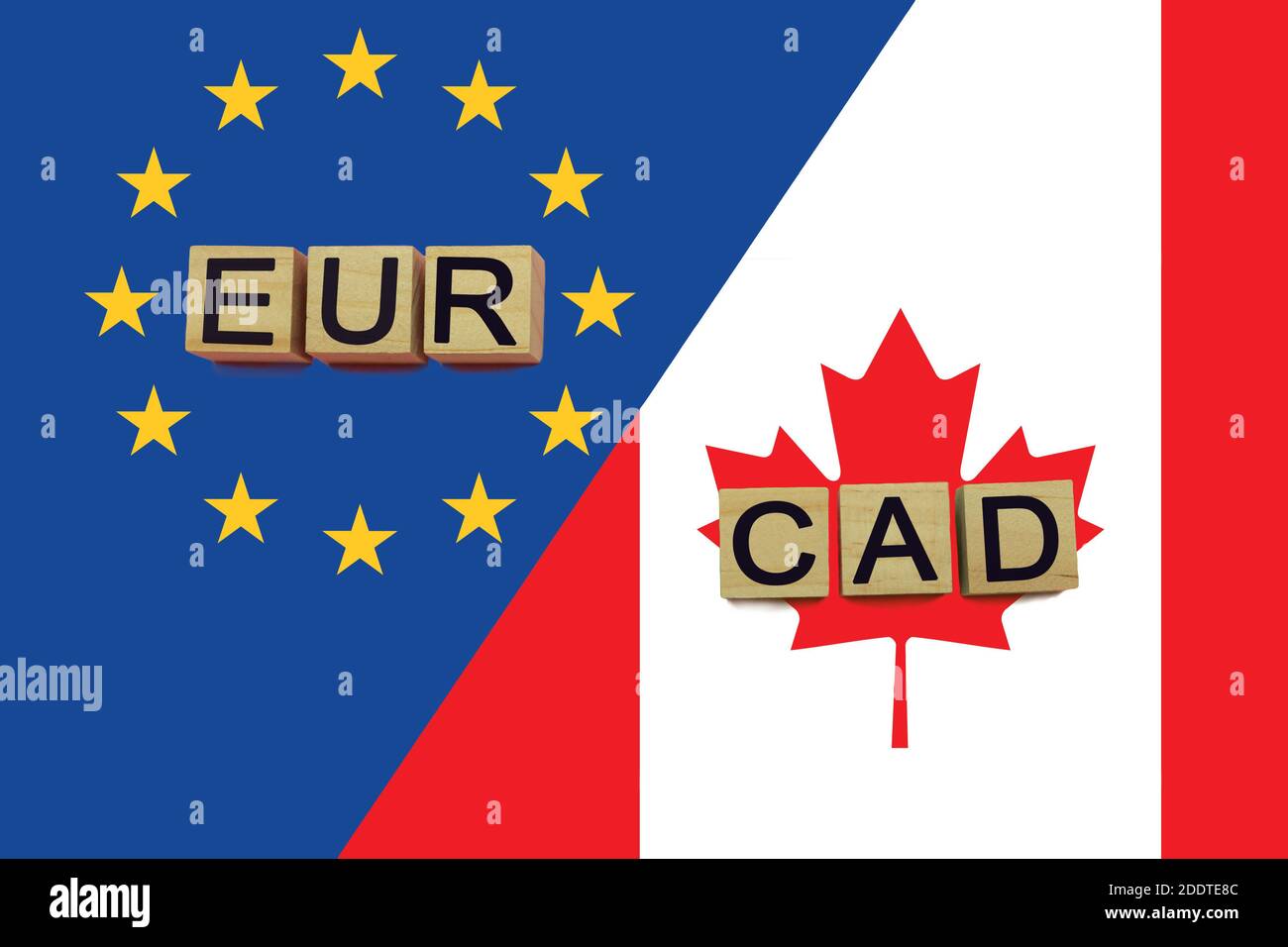 European and canadian currencies codes on national flags background ...