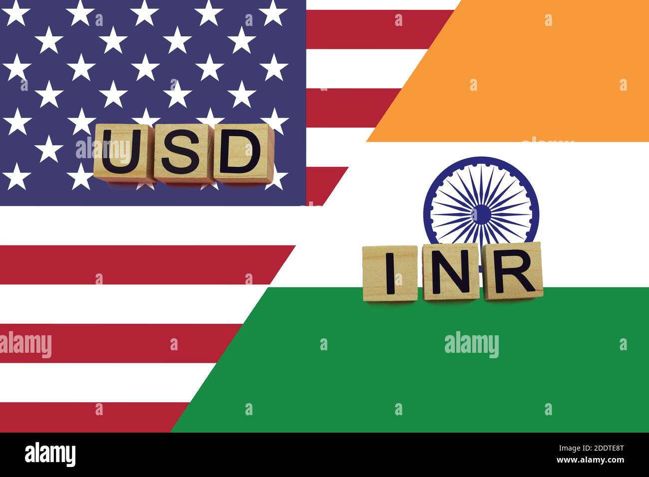 American and Indian currencies codes on national flags background. USD ...