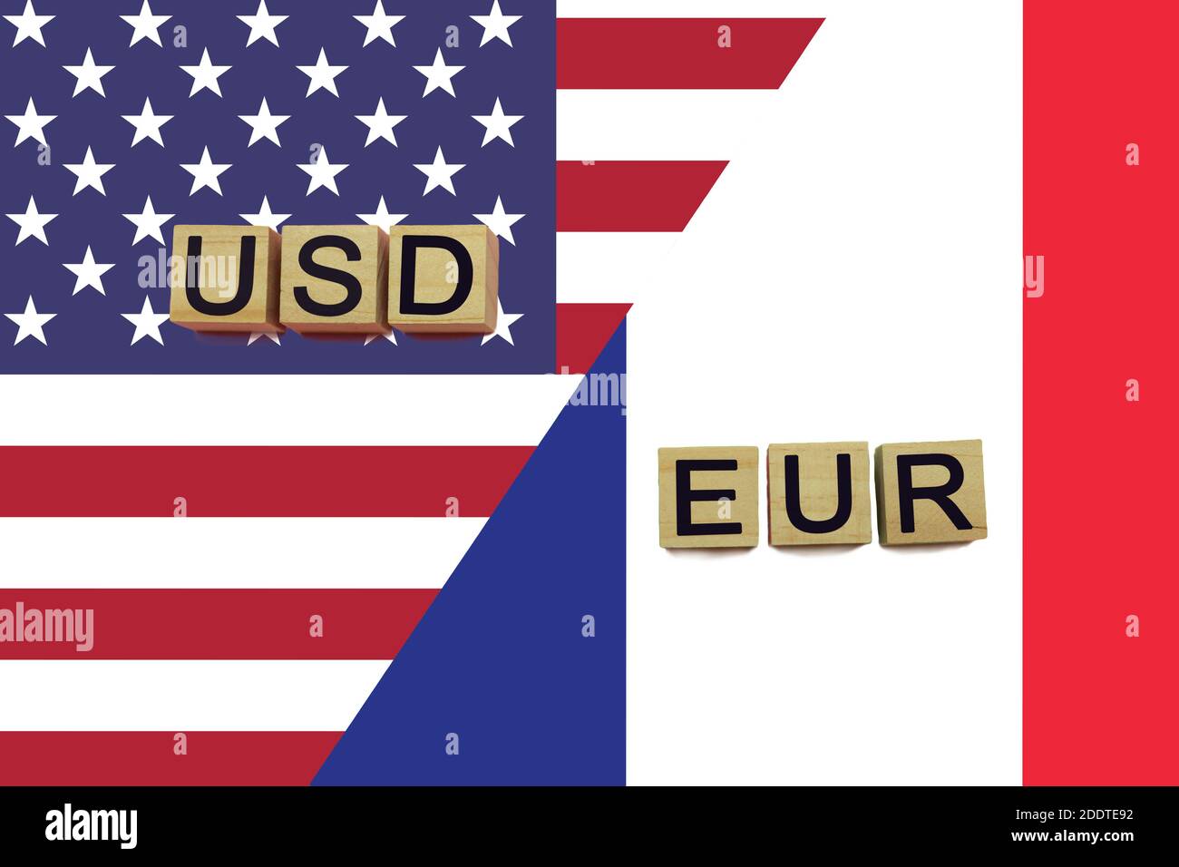 American and French currencies codes on national flags background. USD ...
