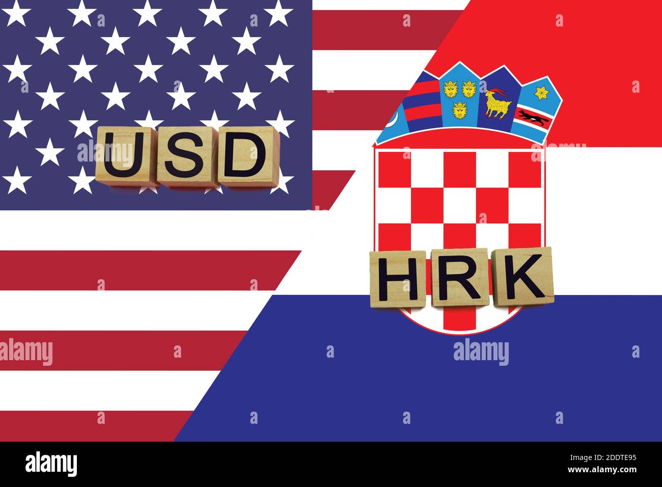 American and Croatian currencies codes on national flags background ...