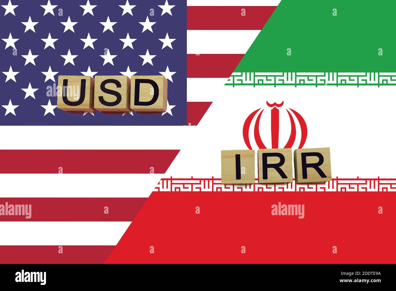 American and Iranian currencies codes on national flags background. USD ...