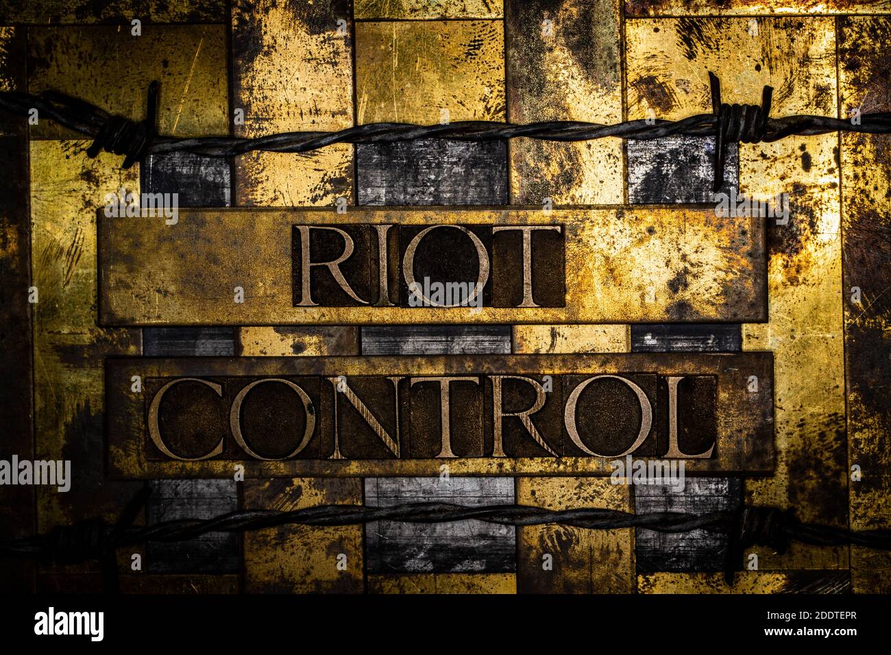 Riot Control text message on textured grunge copper and vintage gold ...