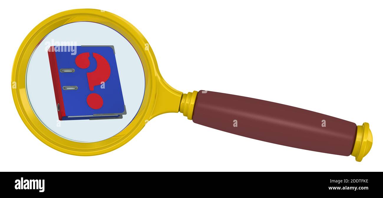 Handbook into a magnifying glass. Blue guide with the symbol question ...