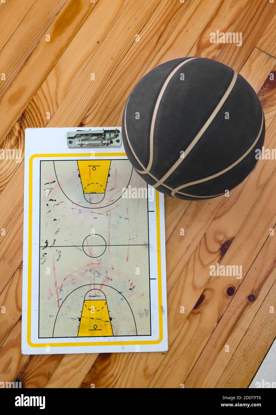 scheme basketball game on clip board paper with marker and wooden table ...