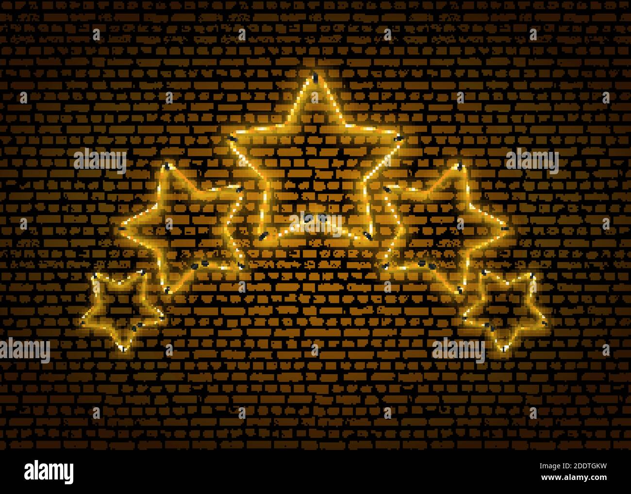 Five bright golden neon stars, high-rate service sign on dark brick ...