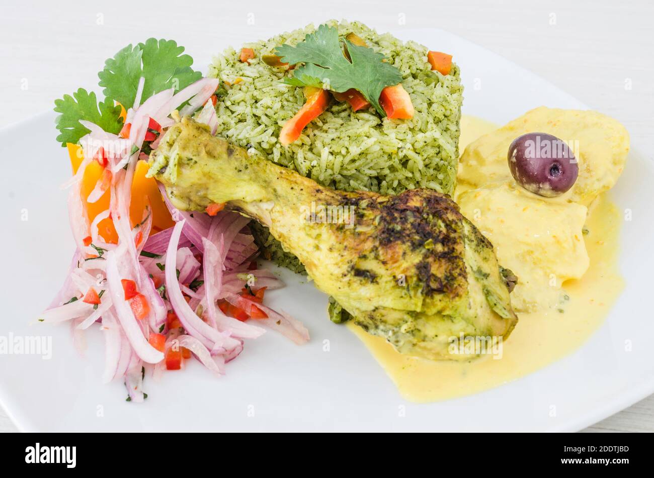 Rice with chicken and potato a la Huancaina, Peruvian cuisine, homemade ...