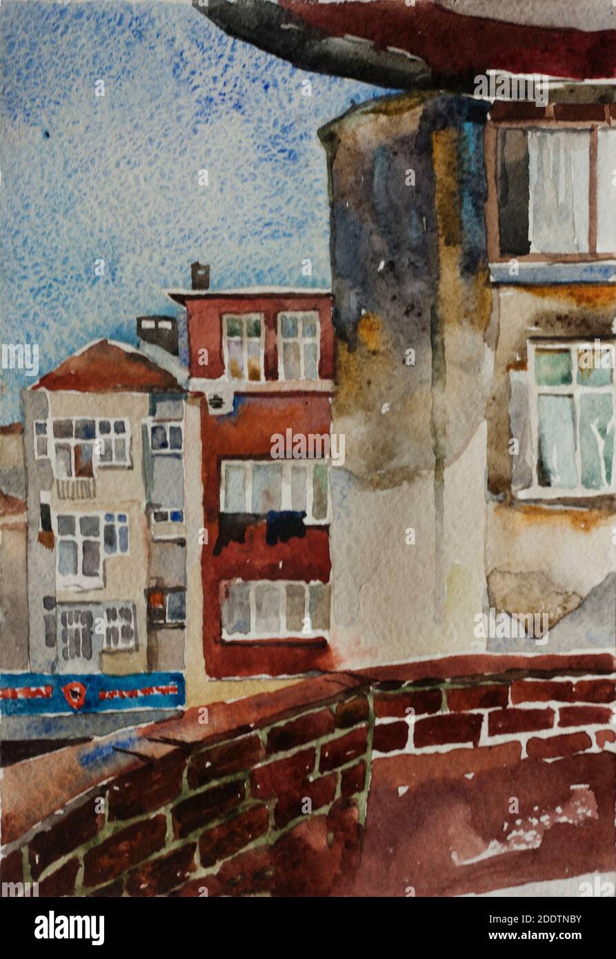 Architectural watercolor sketch of buildings in Beshiktash district ...