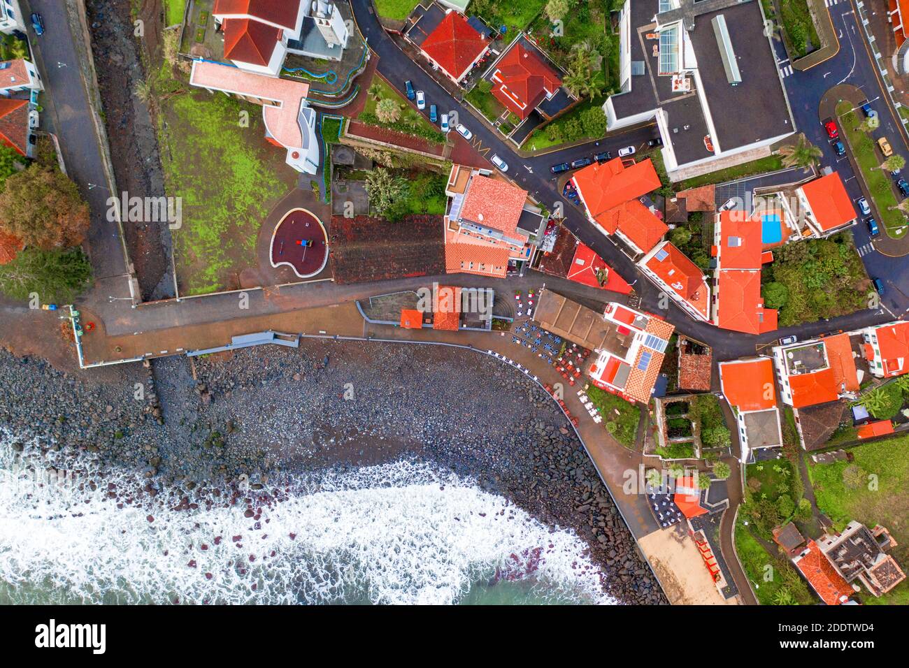 An overhead shot of the Porto da Cruz town in the north shore of ...