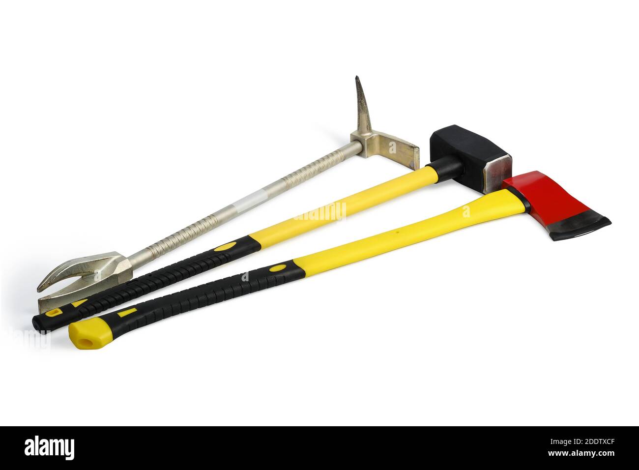 Yellow sledgehammer, axe and hooligan pinch-bar from fireman's toolbox ...