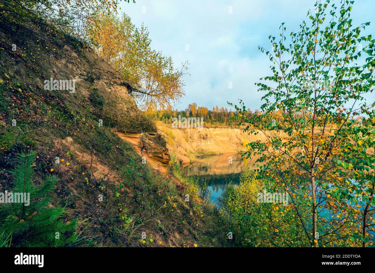 The sandy shore of a mountain lake in the fall .Leningrad region Stock ...