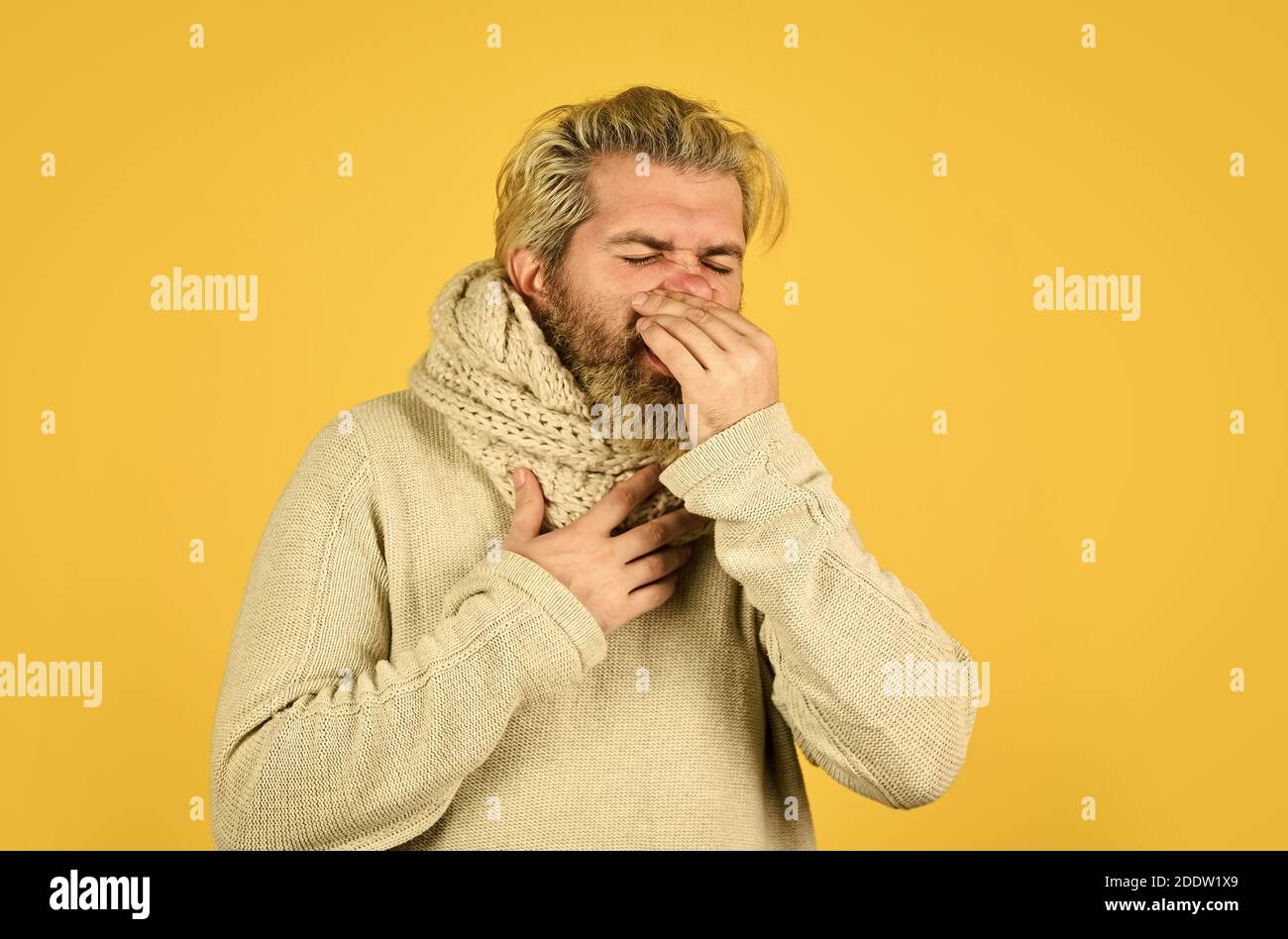 Hipster fever. Immune response. Bearded man sick. Warm scarf around ...