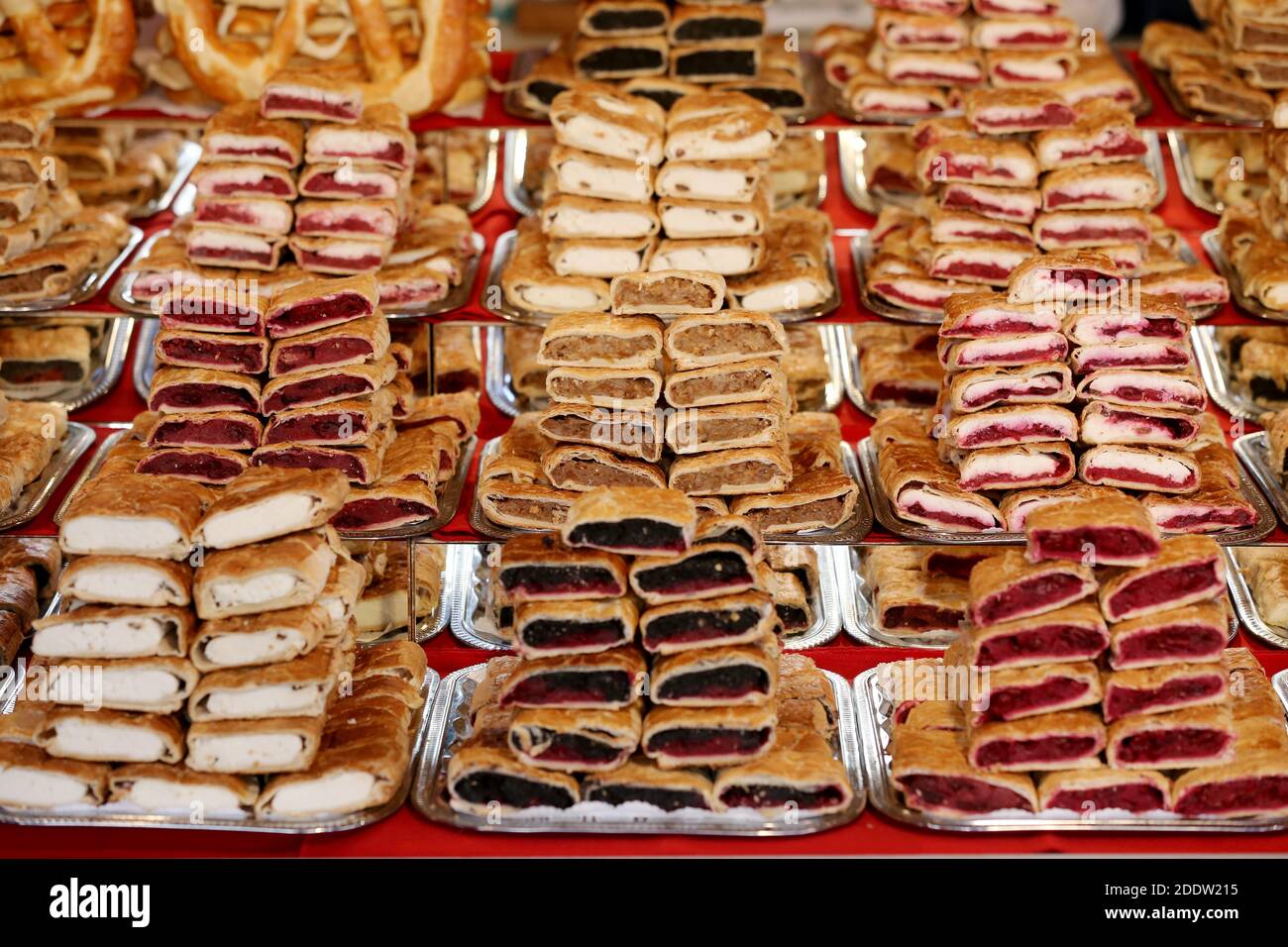 Homemade strudels with various flavor for sale at christmas market ...