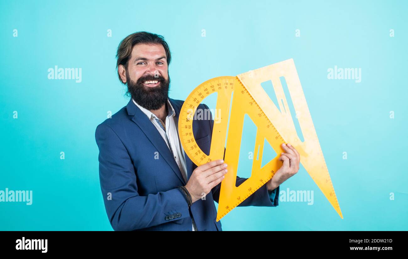 happy math teacher use protractor and triangle tool, school education ...