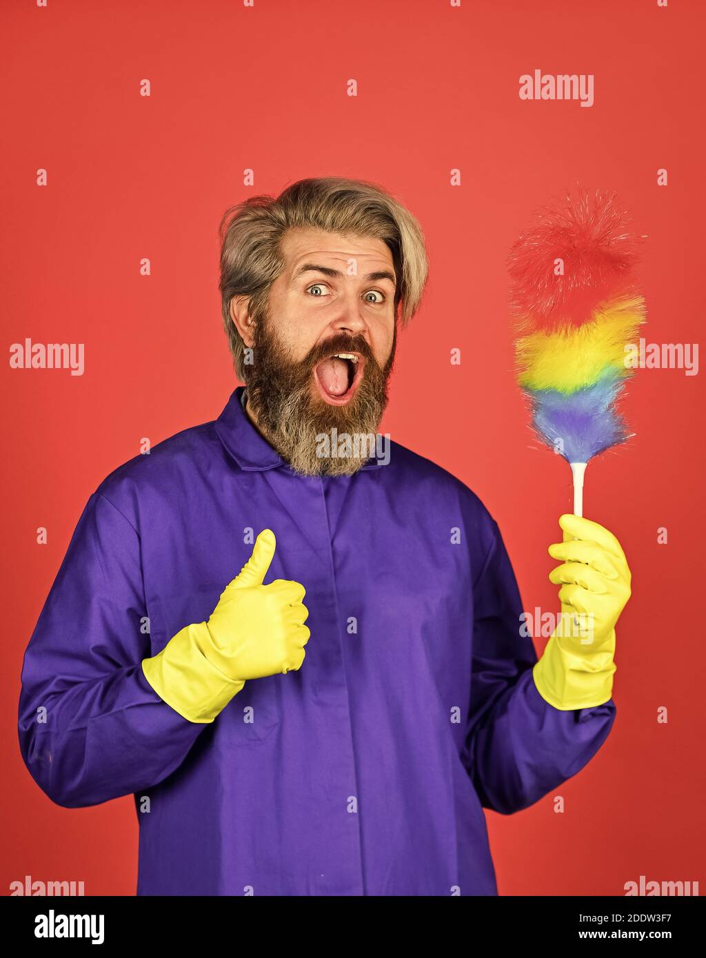 Gender inequality. man use pp duster. hipster holding the cleaning tool ...