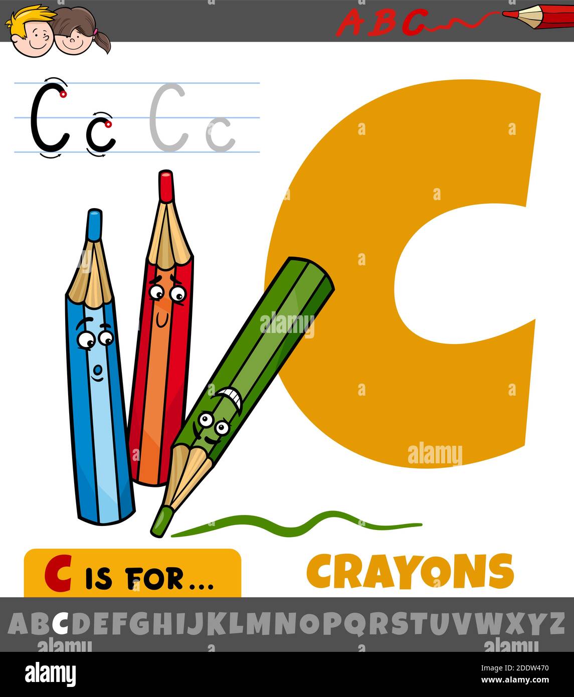 Educational cartoon illustration of letter C from alphabet with crayons ...