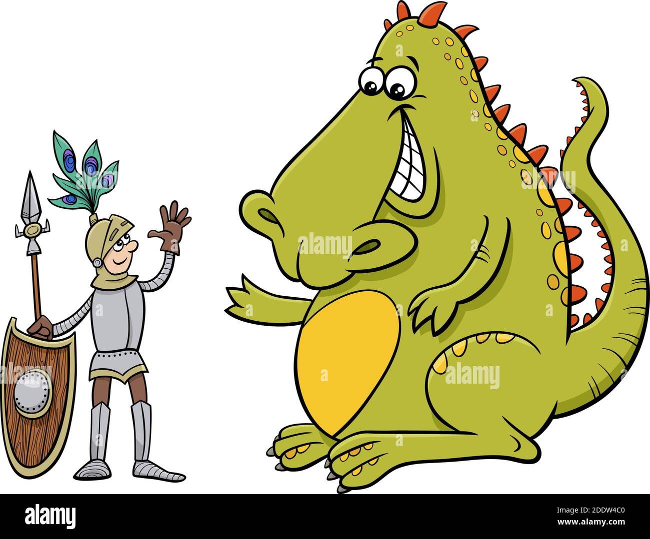 Cartoon humorous illustration of dragon and knight having a friendly ...