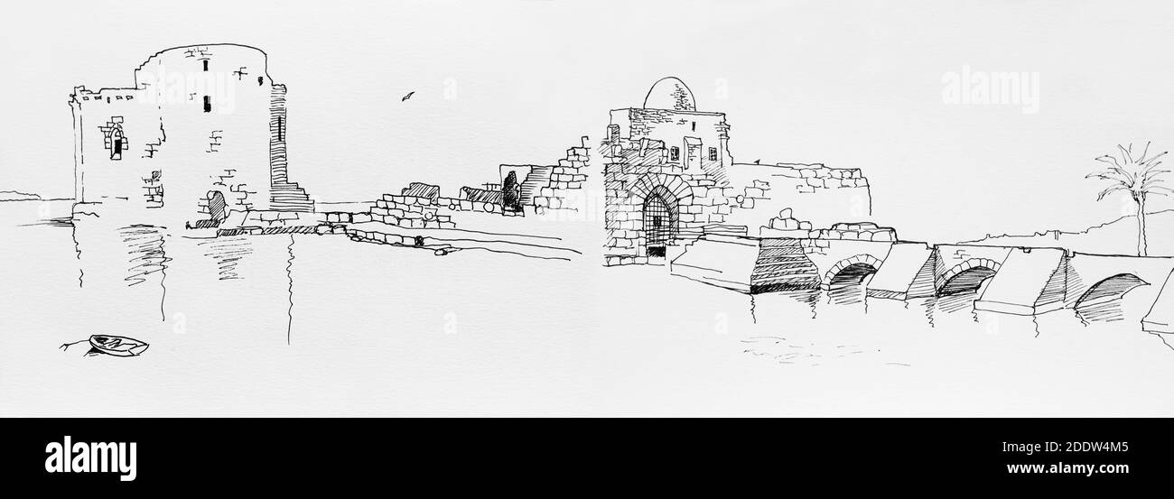 Lebanon, Saida old castle pen drawing on paper original illustration ...