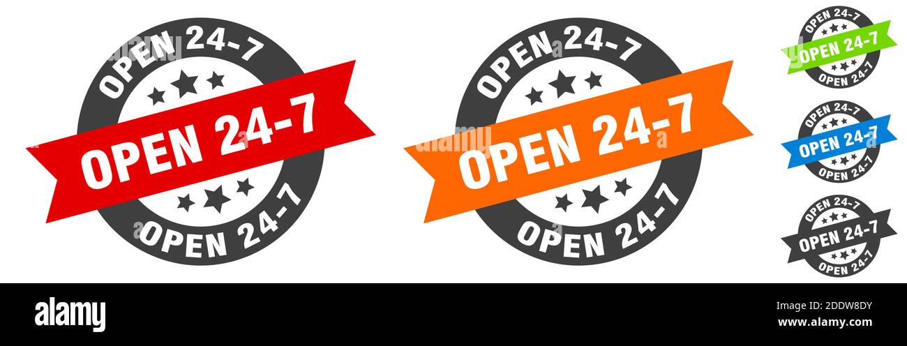 open 24 7 stamp. open 24 7 round ribbon sticker. label Stock Vector ...