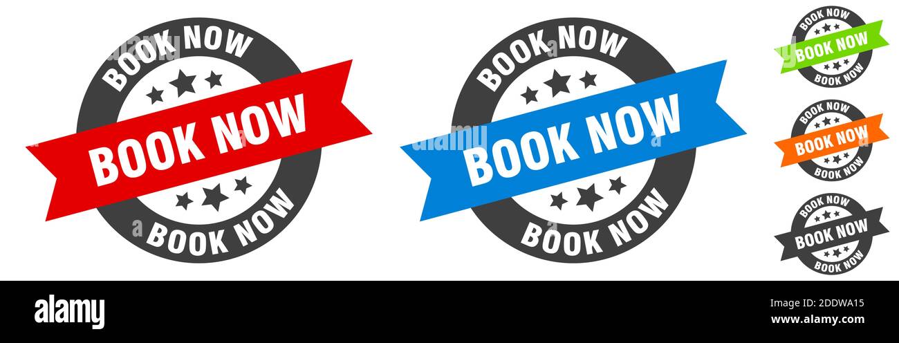 book now stamp. book now round ribbon sticker. label Stock Vector Image ...