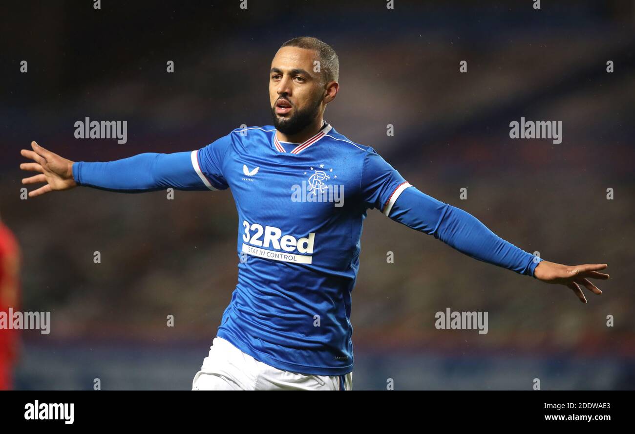 Rangers' Kemar Roofe celebrates scoring his side's second goal of the ...