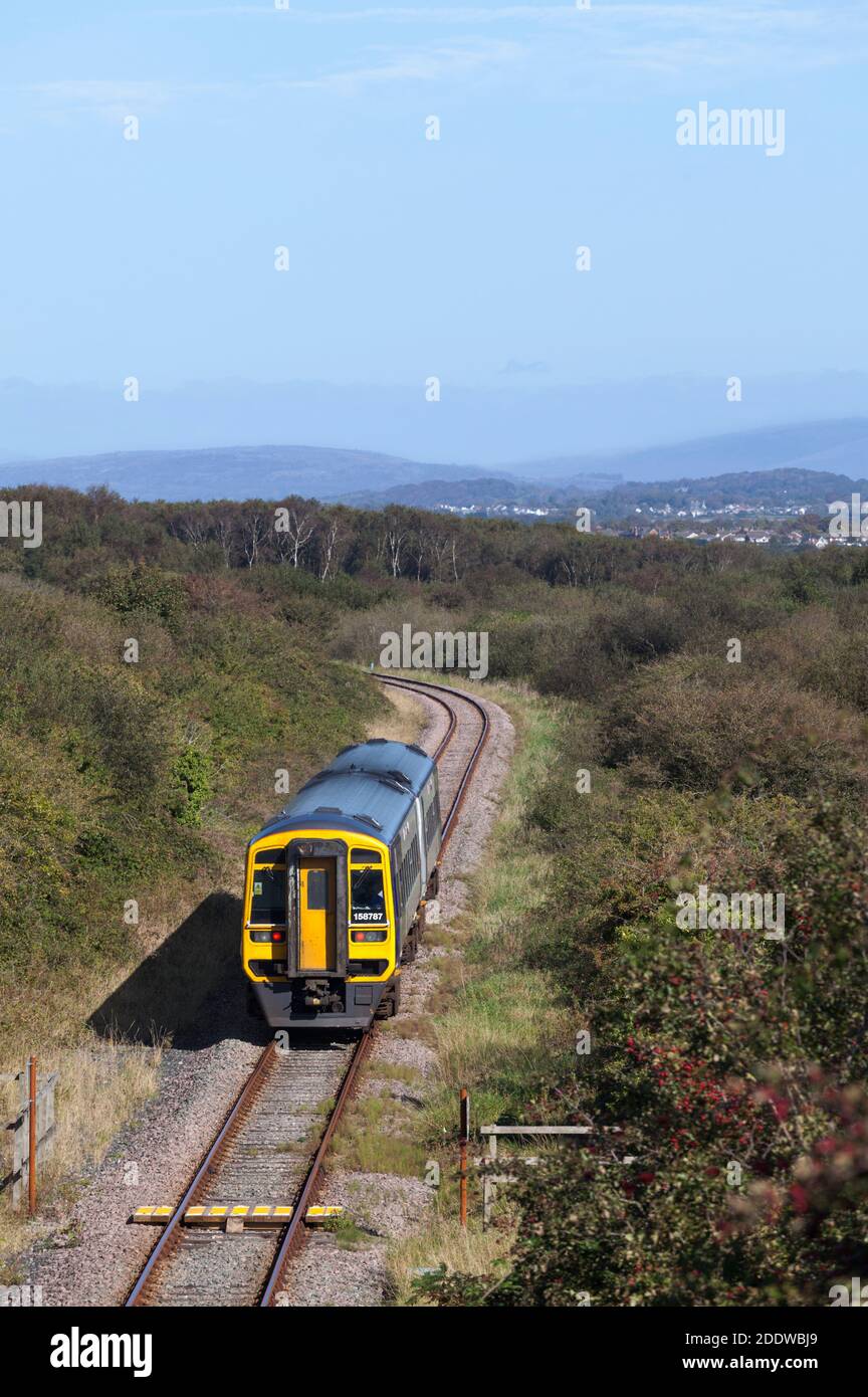 Northern Rail class 158 diesel train on the single track Heysham branch ...