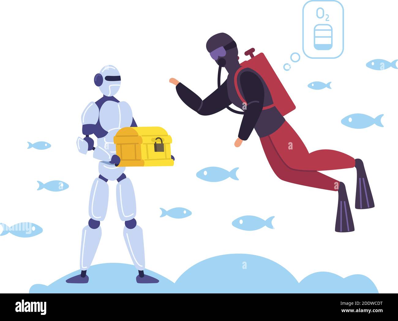 Man diving in scuba suit with special equipment as diving tank, robot ...