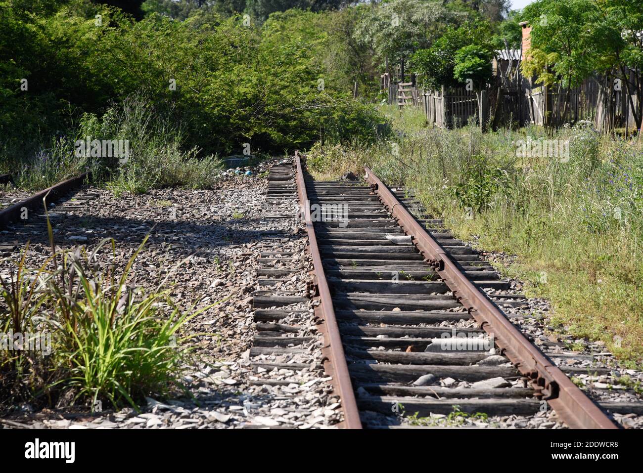 Vintage railroad and rusty rails. Abandoned railway station. Natural ...
