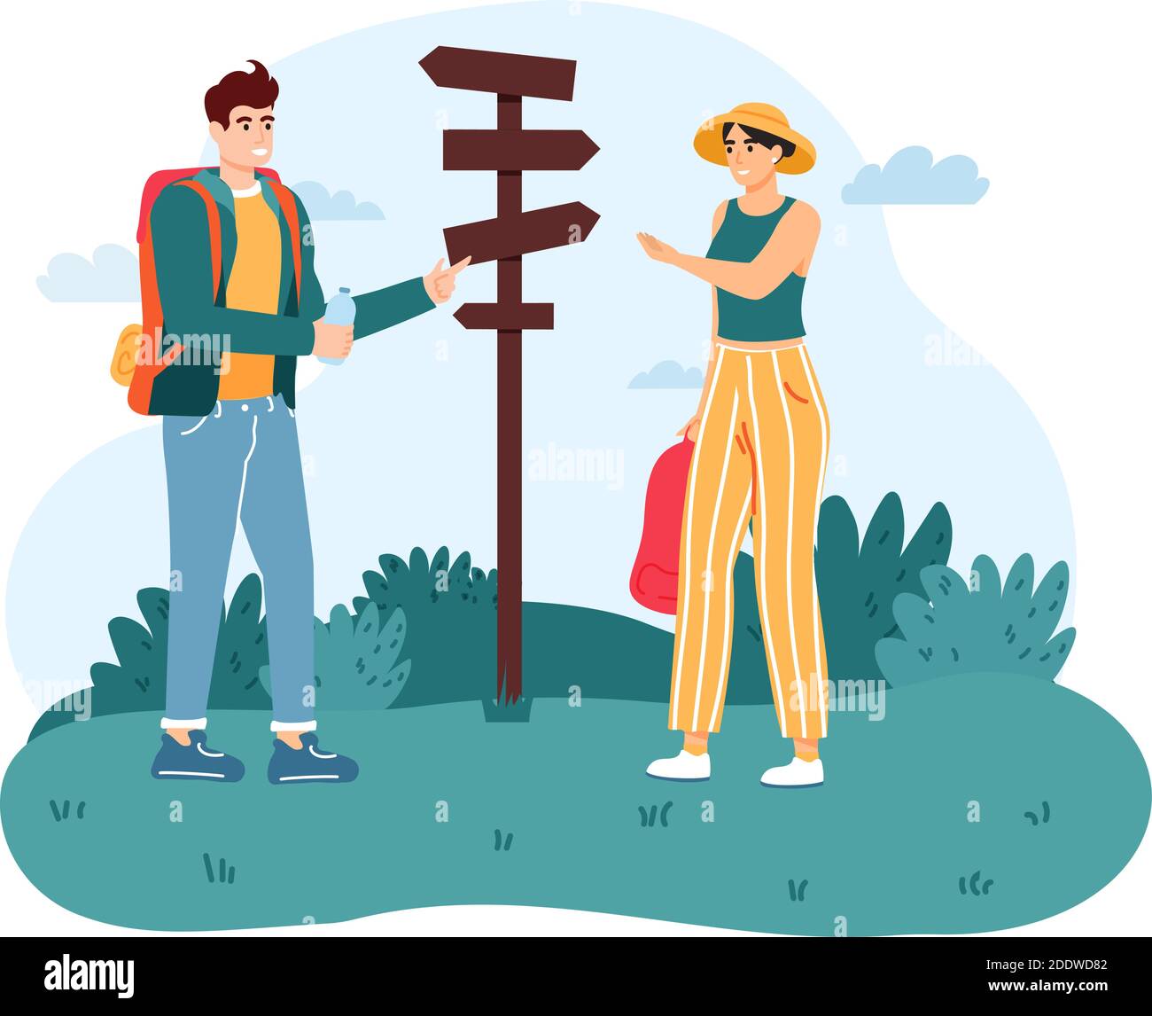 Woman and man hiker standing near direction sign. Guy and girl with ...