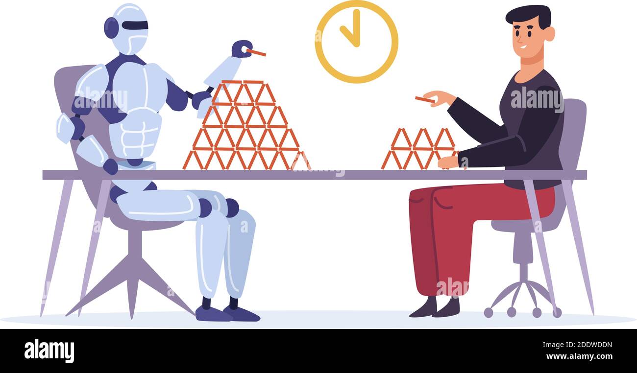 Man versus artificial intelligence. Guy and robot making card house ...