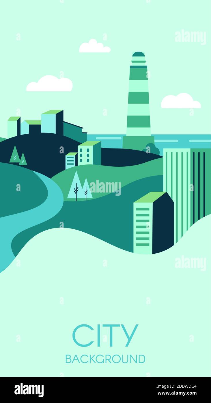 City background with modern high buildings and green nature. Ecological ...