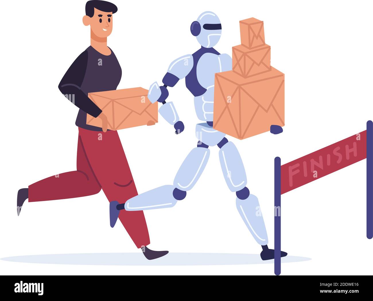 Competition with automation technology. Man and robot running to finish ...