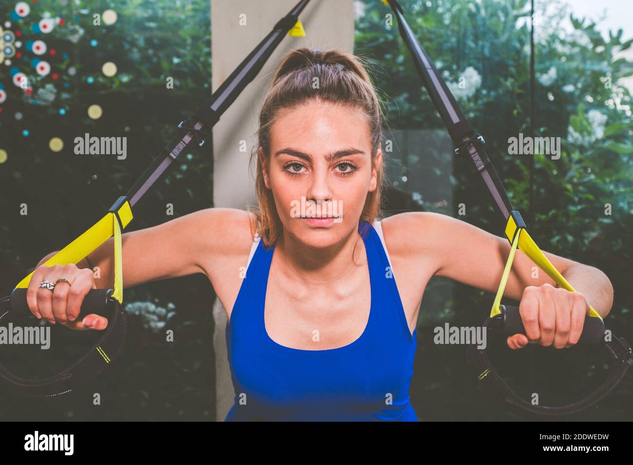Beautiful girl training her arms with straps Trx Fitness in the gym ...