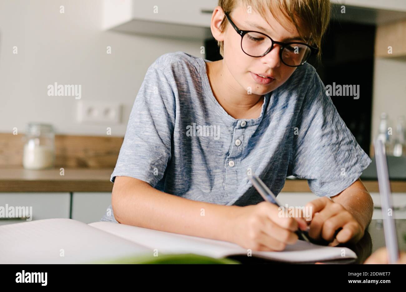 Stock photo of lovely boy writing in his notebook at home Stock Photo ...